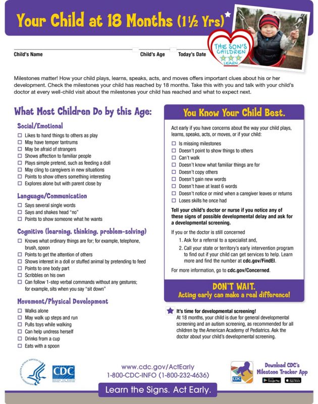 CDC Developmental Milestones – 1.5 Year Olds – The Son's Children
