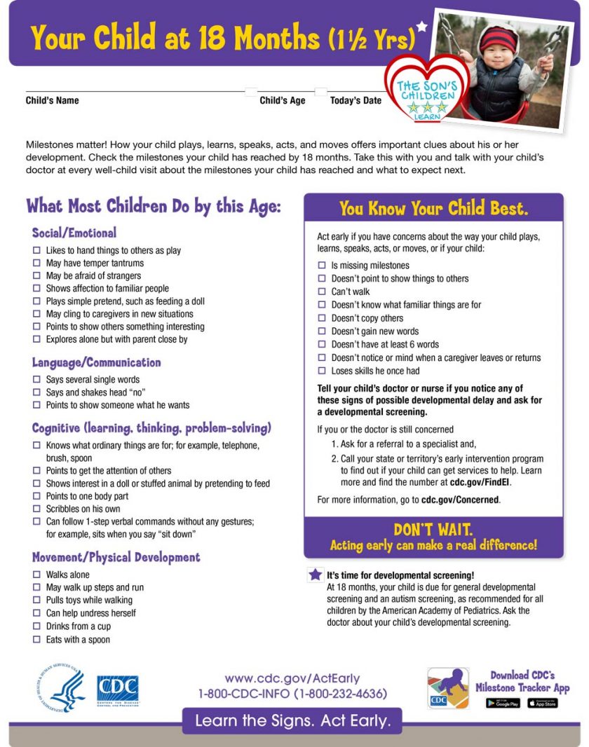 CDC Developmental Milestones – 1.5 Year Olds – The Son's Children